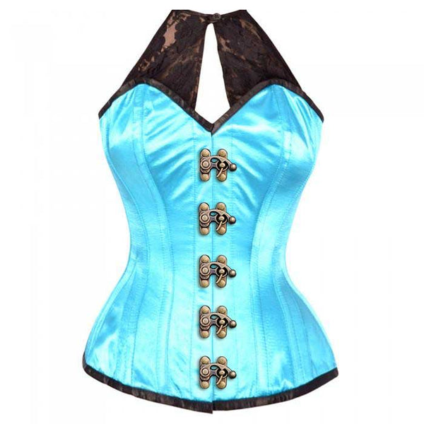 Keziaah Turquoise Satin Corset with Lace Halterneck | Corsets Queen US-CA