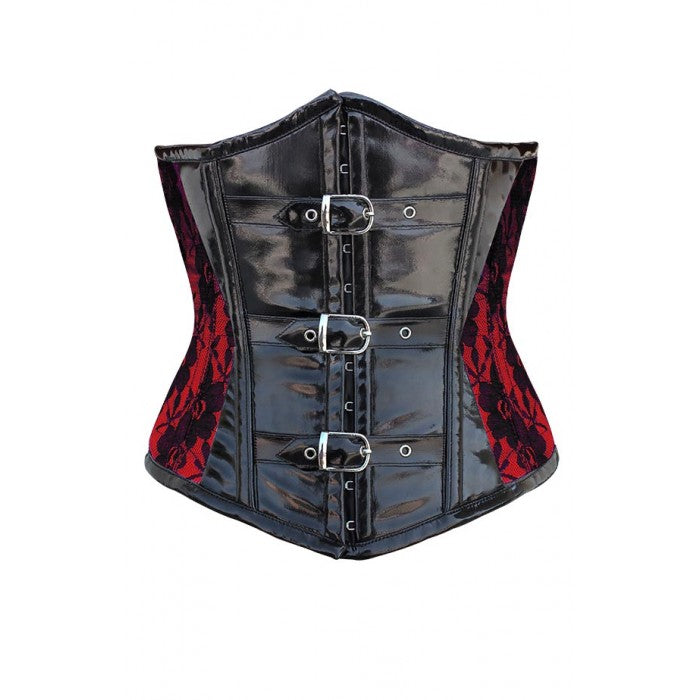 Kolin Red Corset With Black Lace Overlay And PVC Front Kolin Red Corset With Black Lace Overlay And PVC Front