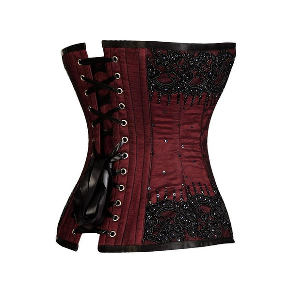 Caritta Maroon Satin Overbust Couture Corset | Corsets Queen US-CA